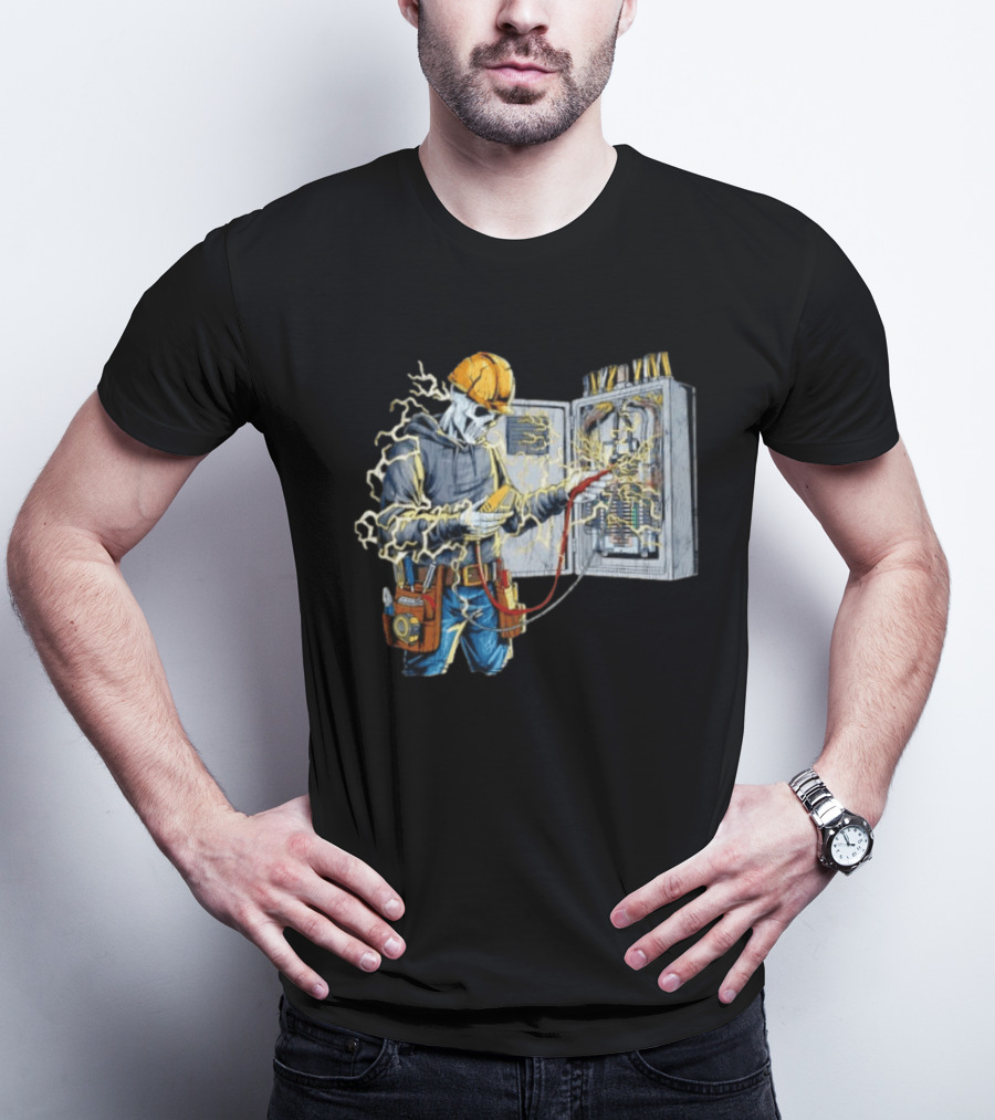 Skeleton Electrician Hard Hat Voltage Sparks T-Shirt