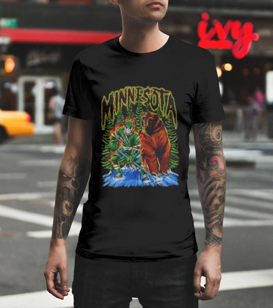 Minnesota Wild Hockey Skeleton Bear Forest Fire T-Shirt