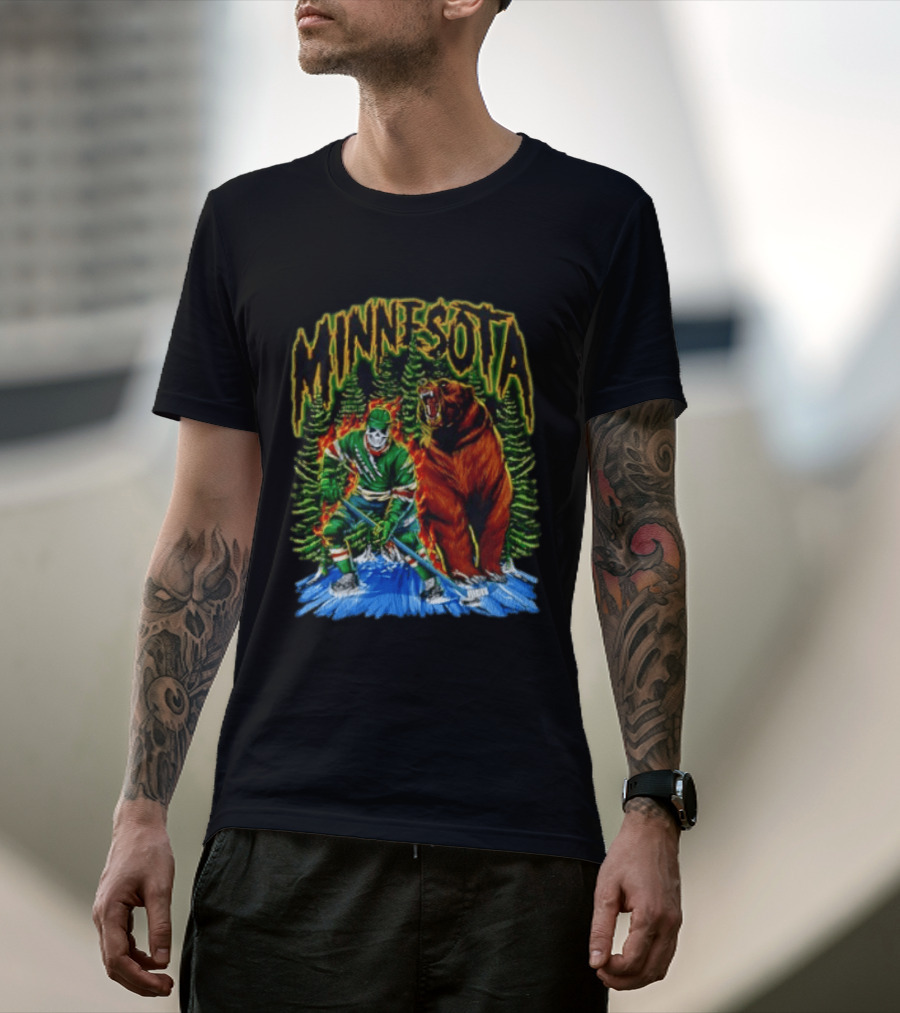 Minnesota Wild Hockey Skeleton Bear Forest Fire T-Shirt