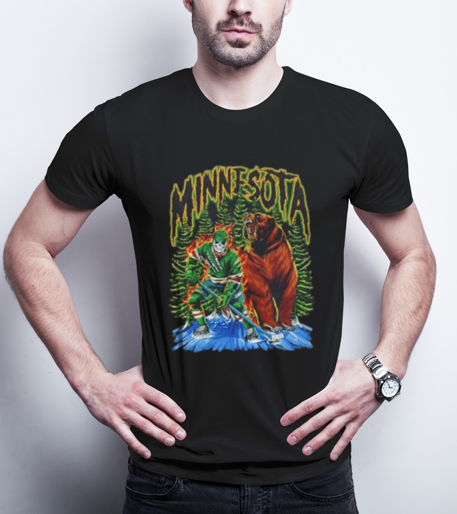 Minnesota Wild Hockey Skeleton Bear Forest Fire T-Shirt