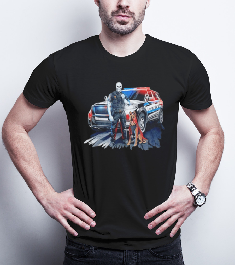 Skeleton Police Officer And Working Dog With Patrol Car T-Shirt