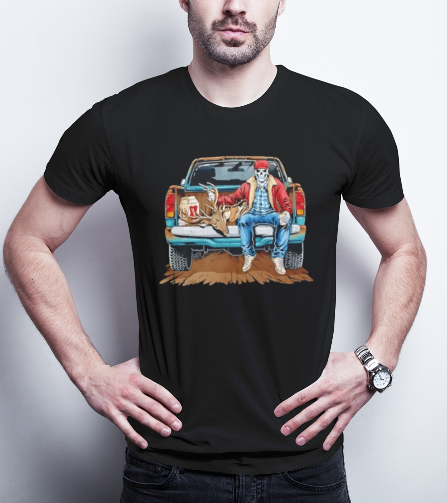 Skeleton Cowboy With Deer Antlers Truck Scene T-Shirt