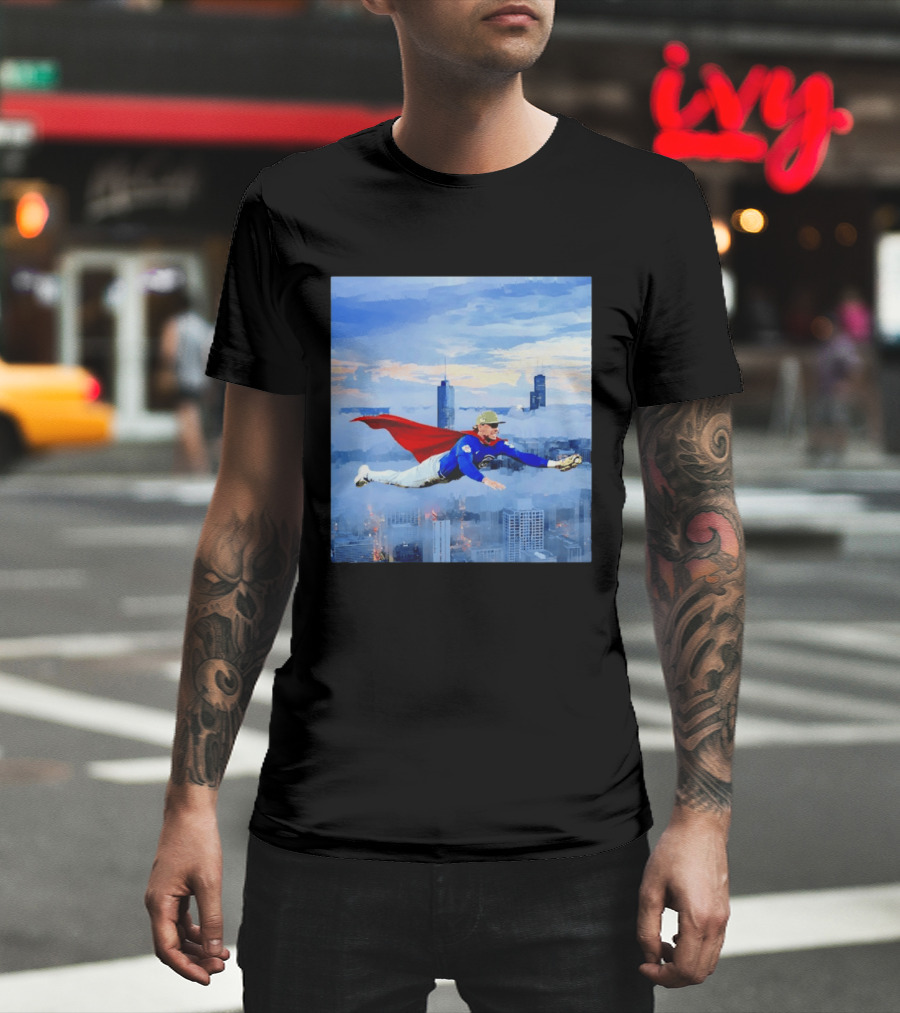 Superman Nico Hoerner Chicago Cubs Second Baseman Flying Over City Skyline T-Shirt