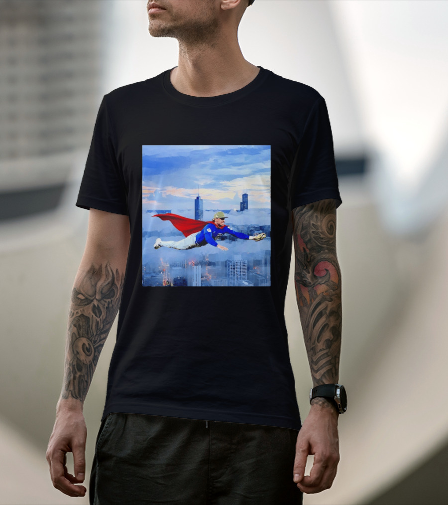 Superman Nico Hoerner Chicago Cubs Second Baseman Flying Over City Skyline T-Shirt