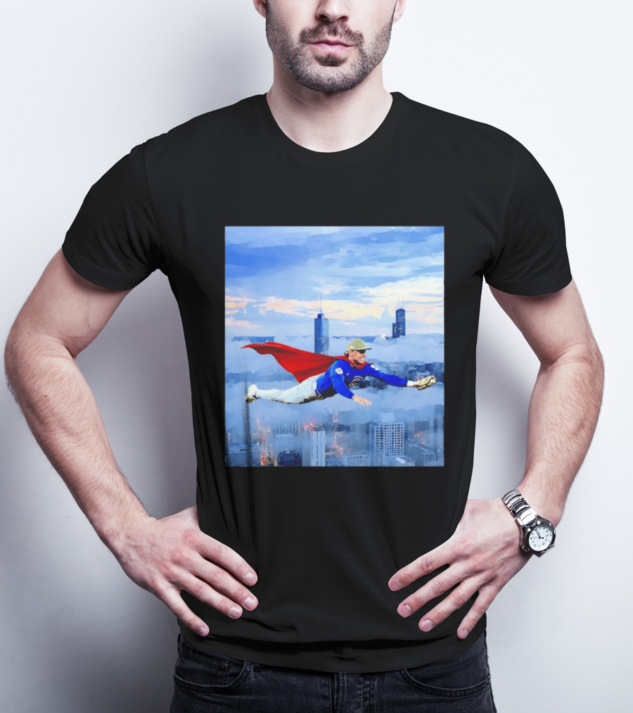 Superman Nico Hoerner Chicago Cubs Second Baseman Flying Over City Skyline T-Shirt