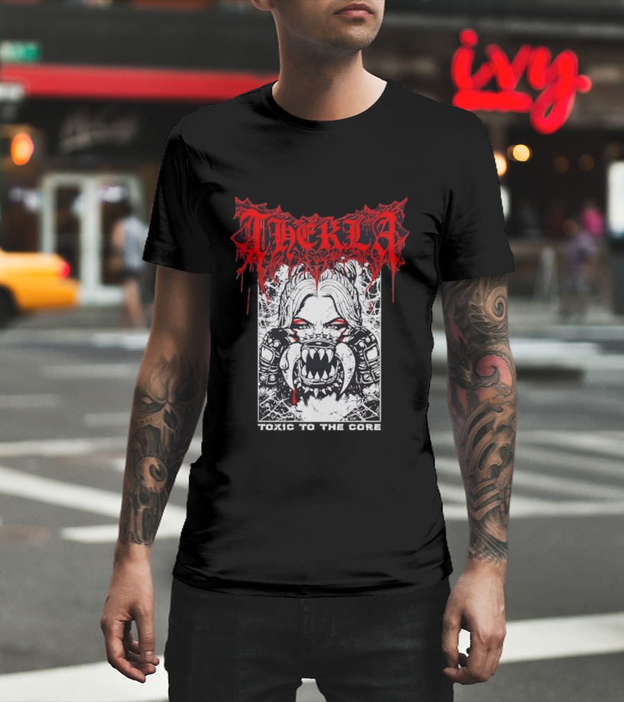 Therkla Toxic To The Core Female Demon Mouth Red Eyes Dripping Blood T-Shirt