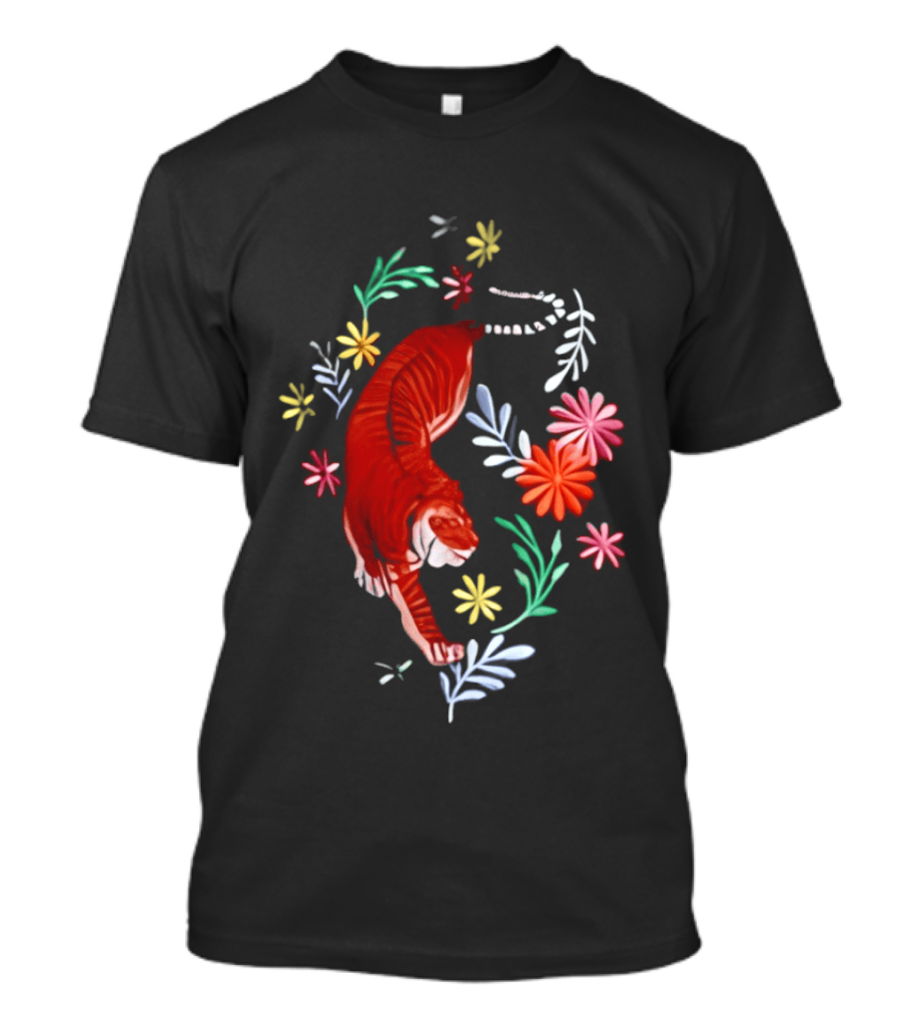 Todd Herzog Bengal Tiger Floral Motif With Vibrant Blooming Flowers T-Shirt