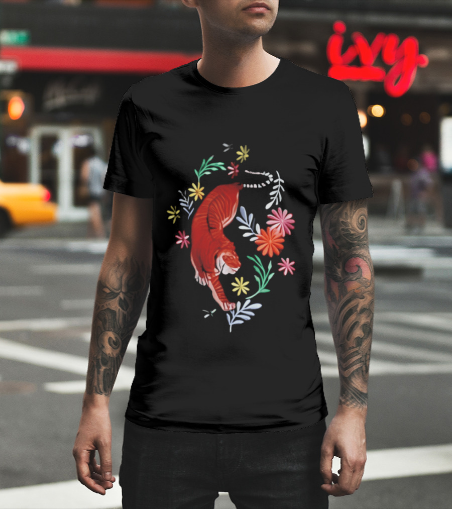 Todd Herzog Bengal Tiger Floral Motif With Vibrant Blooming Flowers T-Shirt