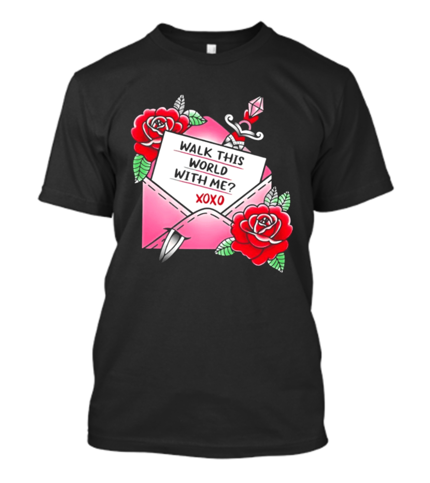 Walk This World With Me XOXO Romantic Tattoo Roses And Letter Envelope T-Shirt
