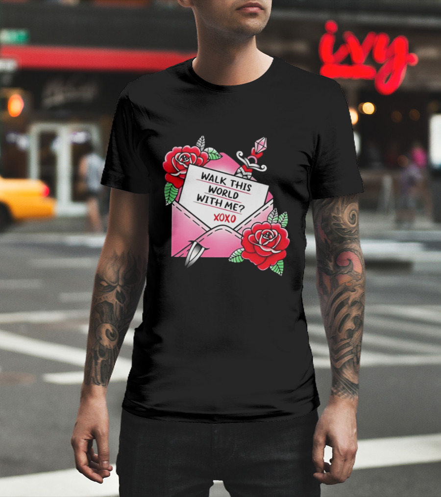 Walk This World With Me XOXO Romantic Tattoo Roses And Letter Envelope T-Shirt