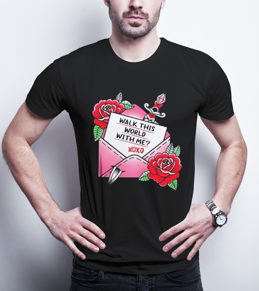 Walk This World With Me XOXO Romantic Tattoo Roses And Letter Envelope T-Shirt