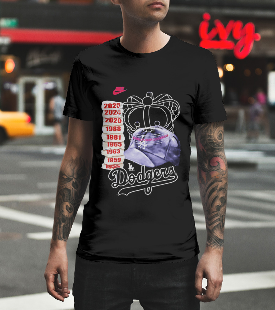 Los Angeles Dodgers 9x World Series Champions Crown And Cap 1955 2025 T-Shirt