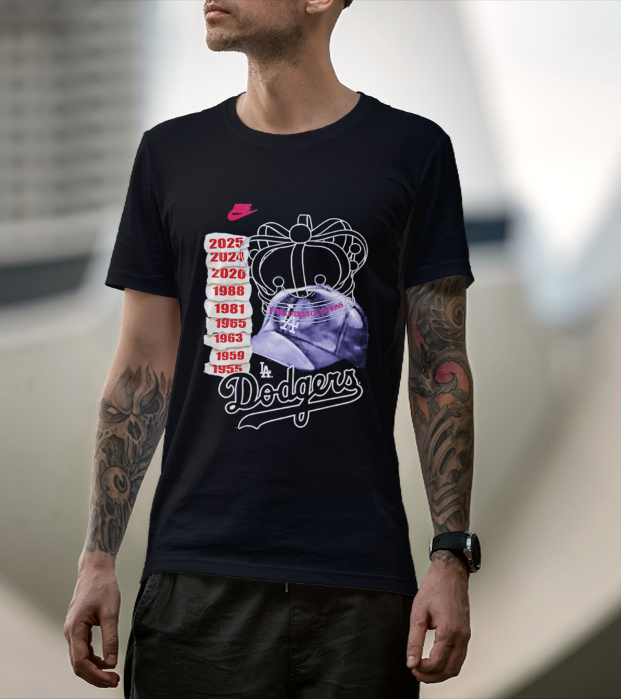 Los Angeles Dodgers 9x World Series Champions Crown And Cap 1955 2025 T-Shirt