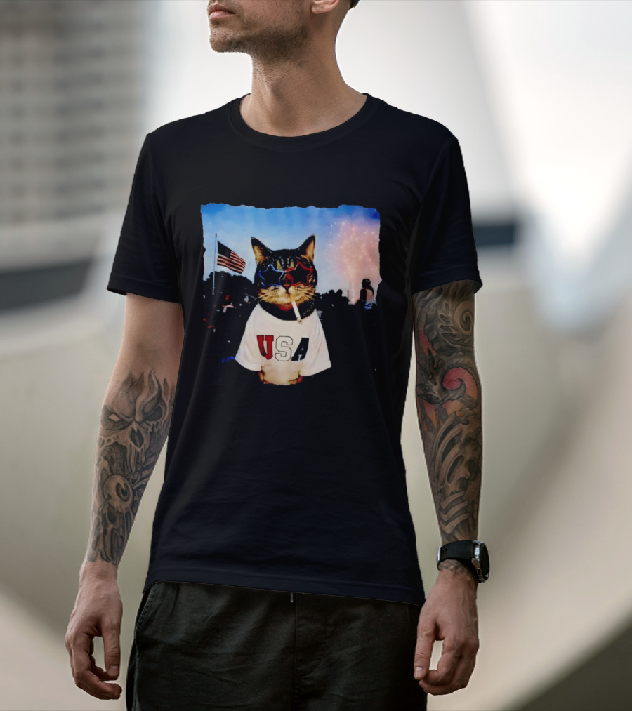 USA Cat With American Flag Sunglasses Smoking Fireworks T-Shirt