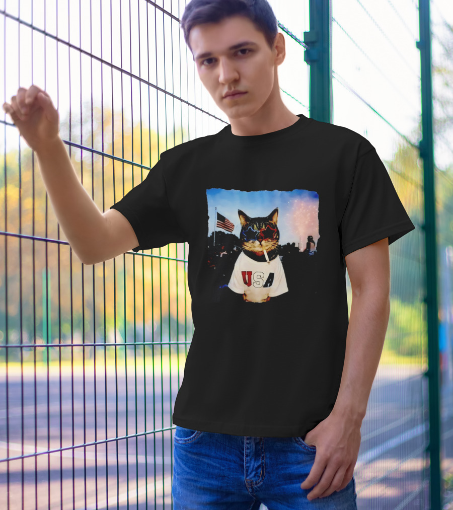 USA Cat With American Flag Sunglasses Smoking Fireworks T-Shirt