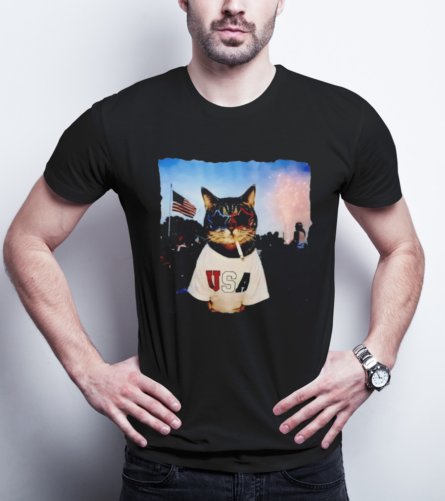 USA Cat With American Flag Sunglasses Smoking Fireworks T-Shirt