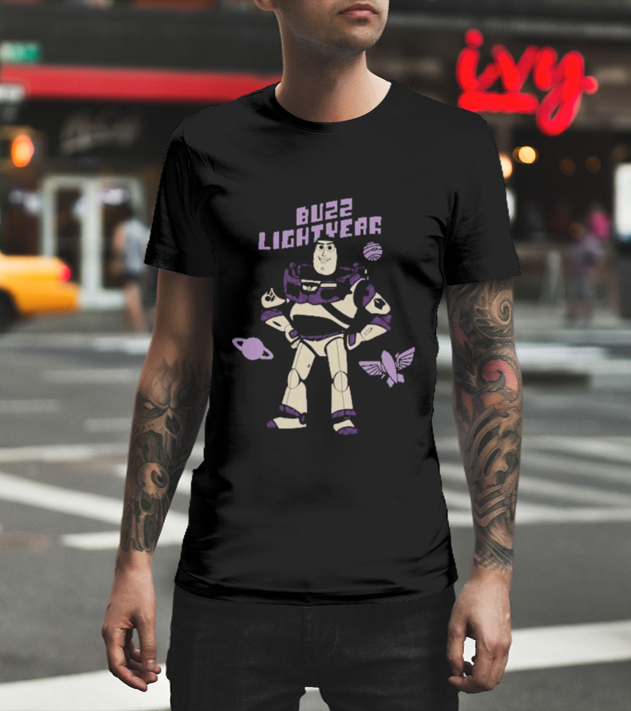 Buzz Lightyear Toy Story 5 Character Illustration With Planets And Rocket Iconography T-Shirt