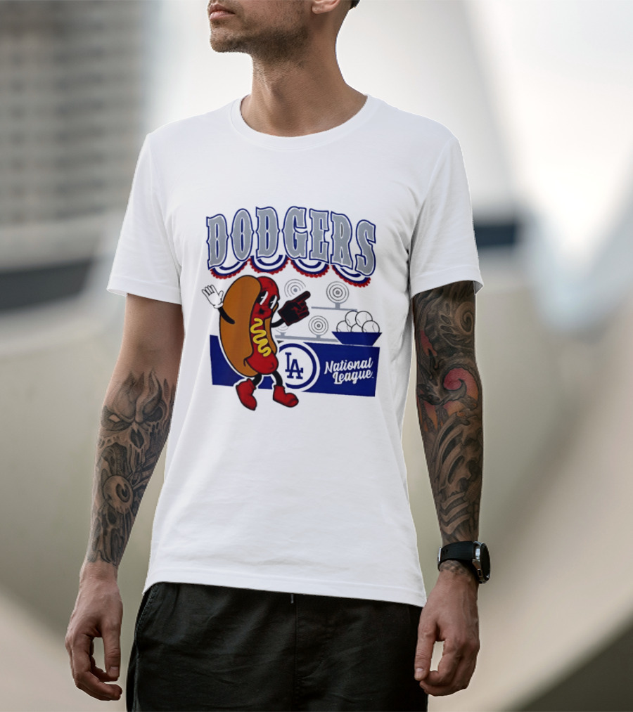 Cartoon Hot Dog Dodgers LA National League Baseball T-Shirt