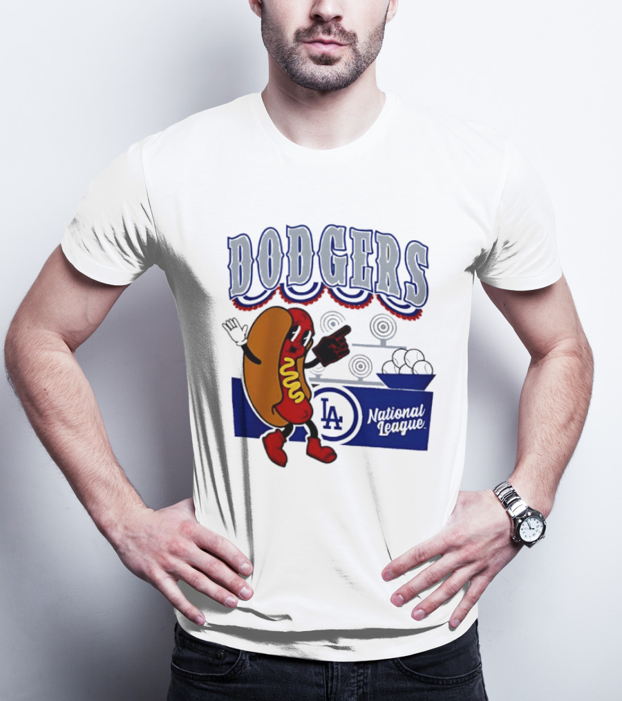 Cartoon Hot Dog Dodgers LA National League Baseball T-Shirt