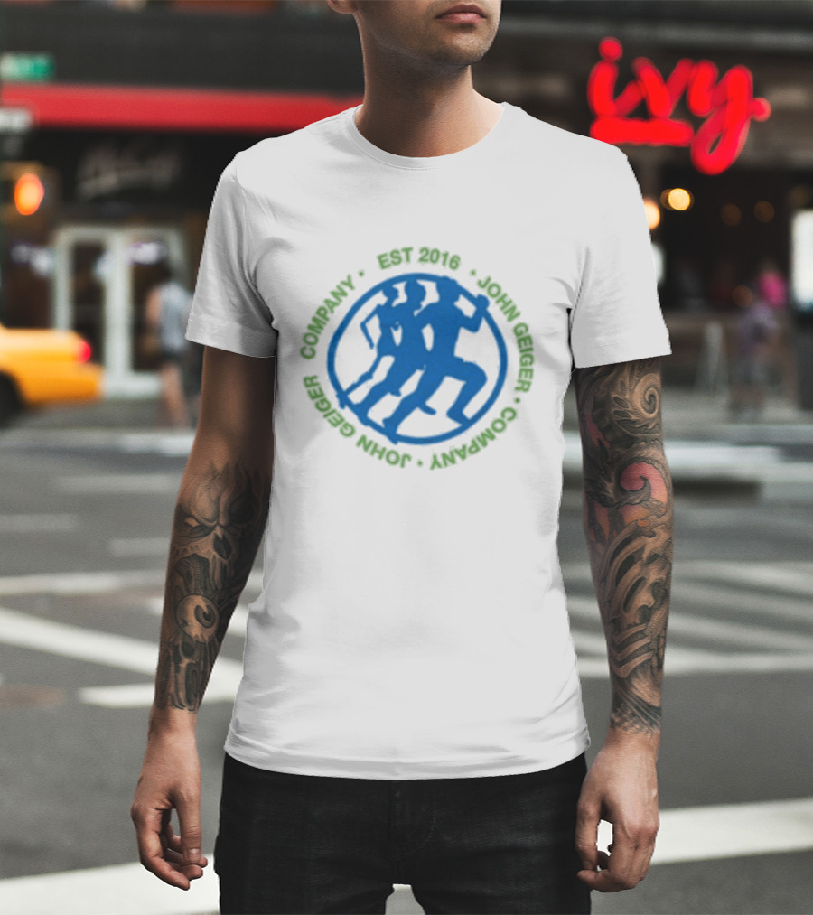 John Geiger Company Est 2016 Blue Running Figures T-Shirt