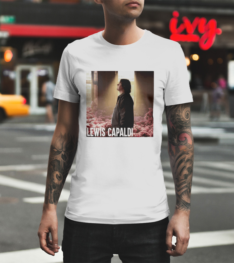 Lewis Capaldi Standing In Floral Scene With Sunlight In Concert Photo T-Shirt
