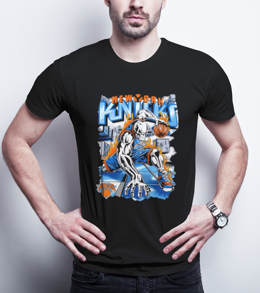 New York Knicks Basketball Urban Street Art Comic Style Flame Warrior T-Shirt