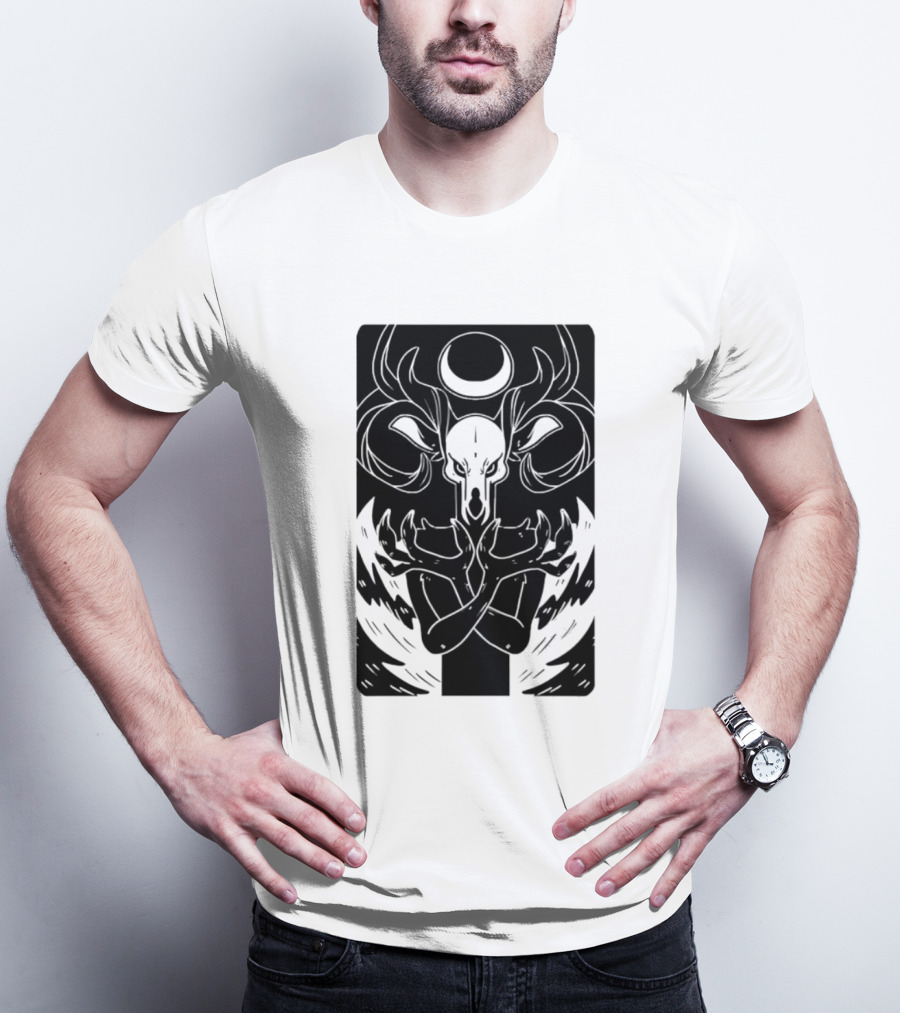 Deer Skull Antlers Crescent Moon Spirit Hands Rays Ritual Mystical Symbolism T-Shirt