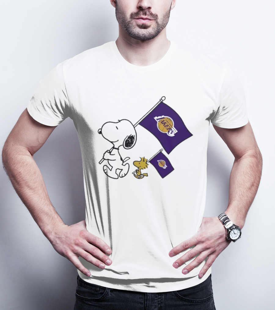 Los Angeles Lakers Snoopy And Woodstock Holding Team Flags T-Shirt