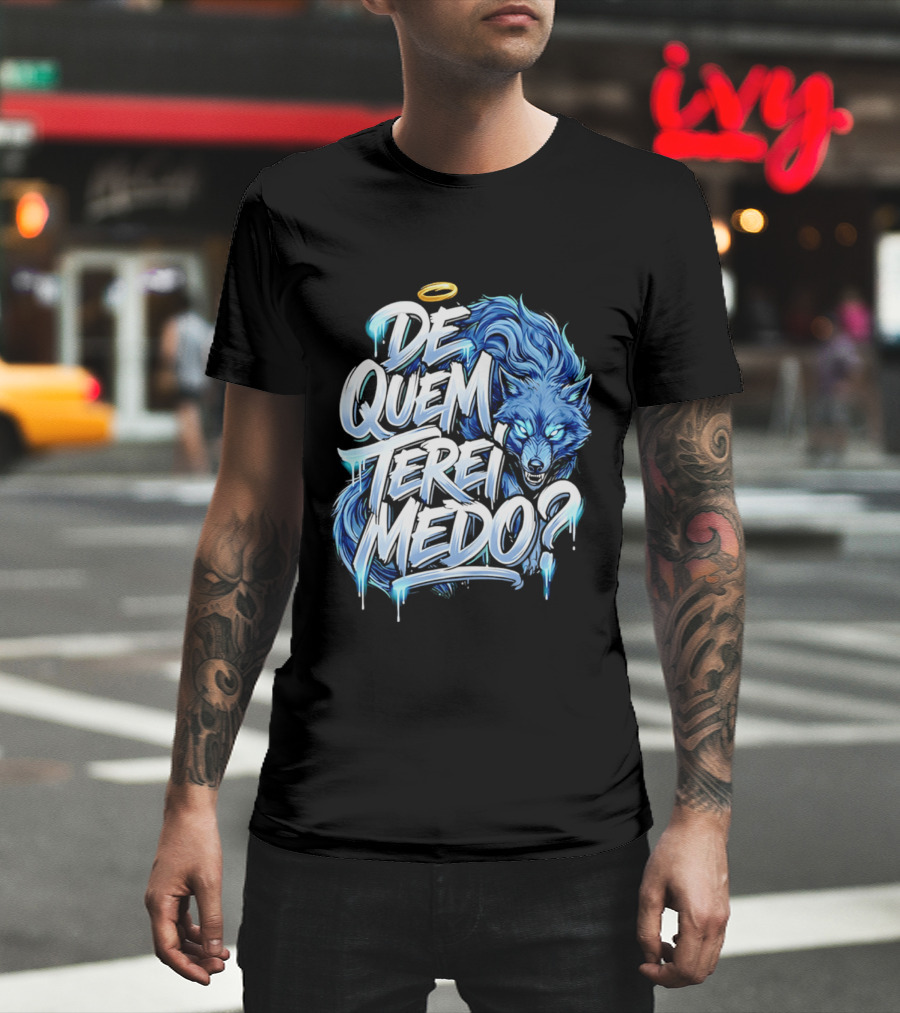 De Quem Terei Medo Blue Wolf Halo Icy Effect T-Shirt
