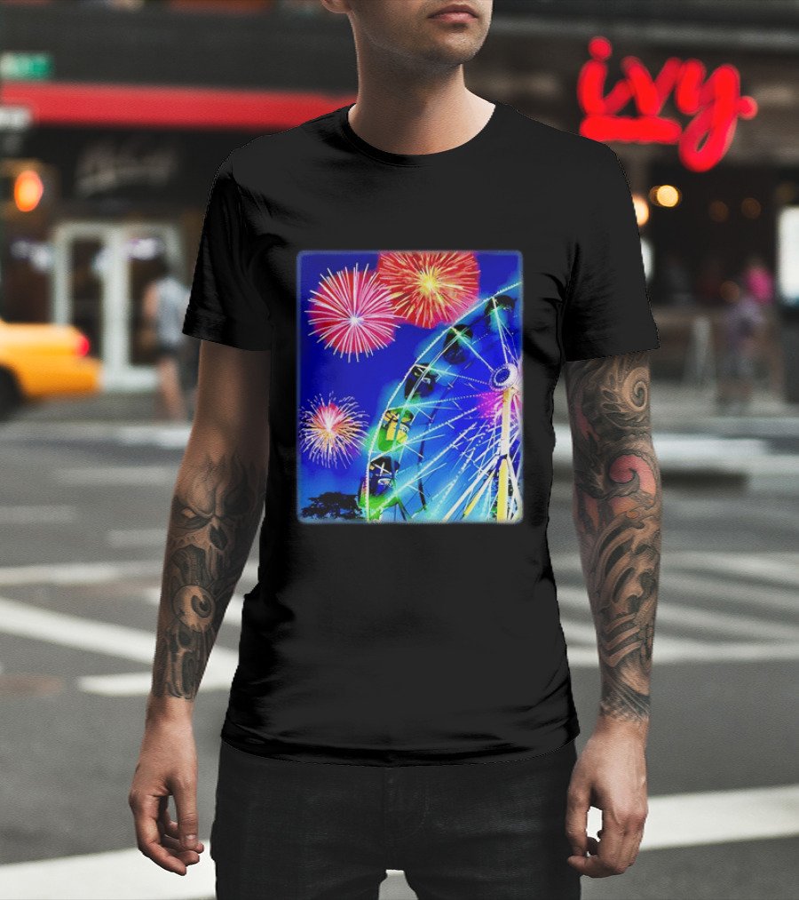 Ferris Wheel Fireworks Night Display Blue Sky T-Shirt