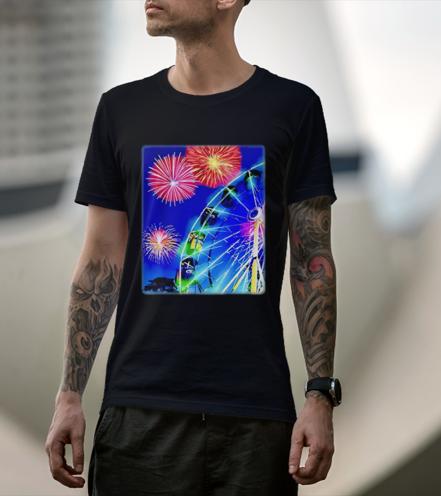 Ferris Wheel Fireworks Night Display Blue Sky T-Shirt