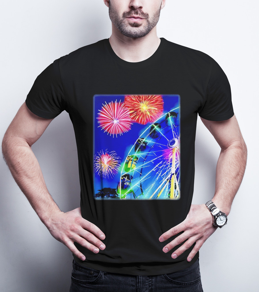 Ferris Wheel Fireworks Night Display Blue Sky T-Shirt