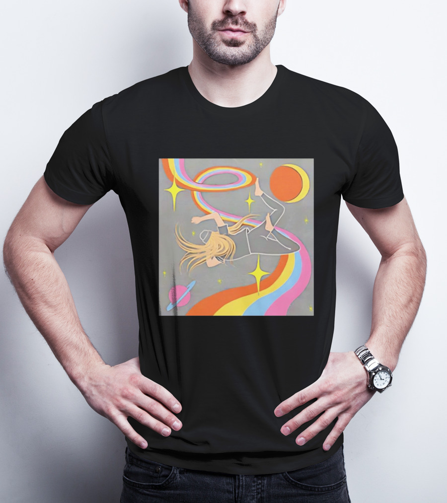 Rainbow Swirl Stars Crescent Moon Planet Orbit Cosmos Night Galaxy T-Shirt