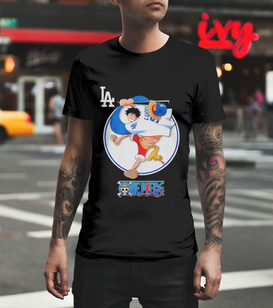 Los Angeles Dodgers Luffy OnePiece Collaboration With LA Logo And One Piece Branding T-Shirt