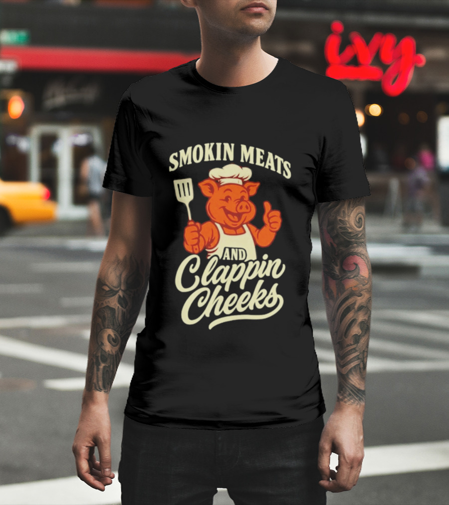 Smokin Meats And Clappin Cheeks Pig Chef Thumbs Up BBQ T-Shirt