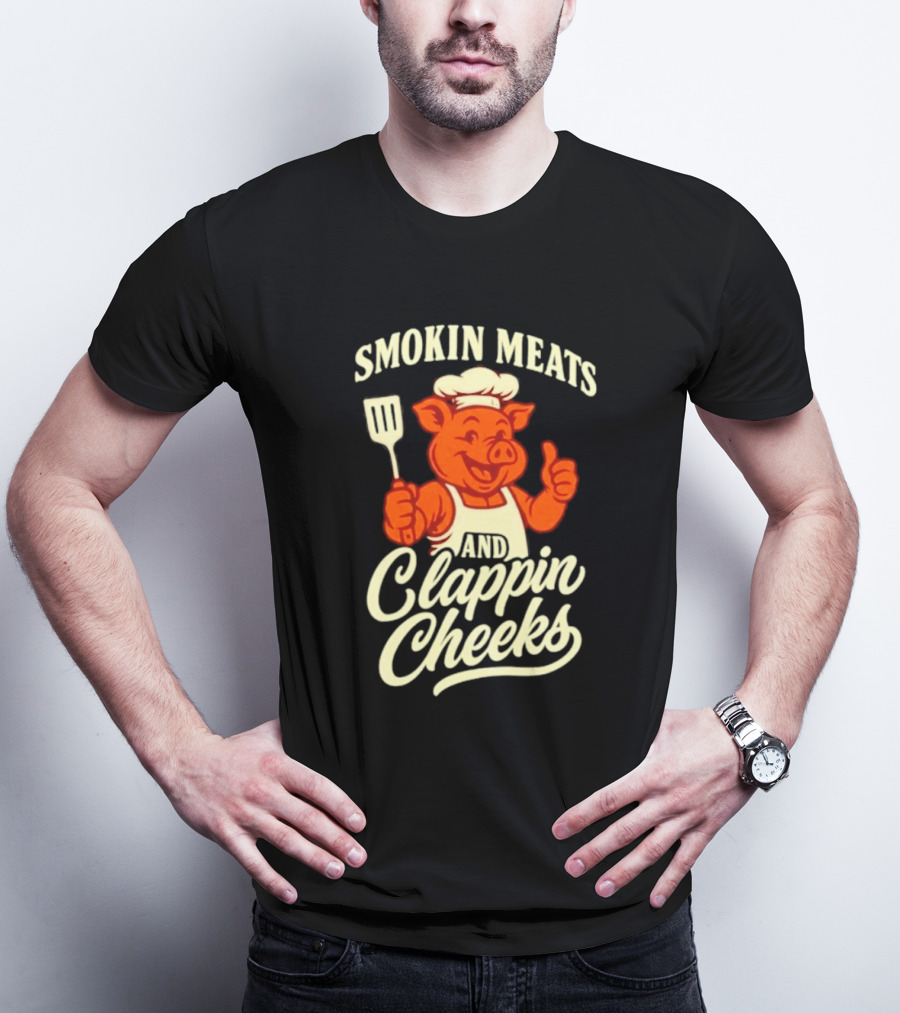 Smokin Meats And Clappin Cheeks Pig Chef Thumbs Up BBQ T-Shirt