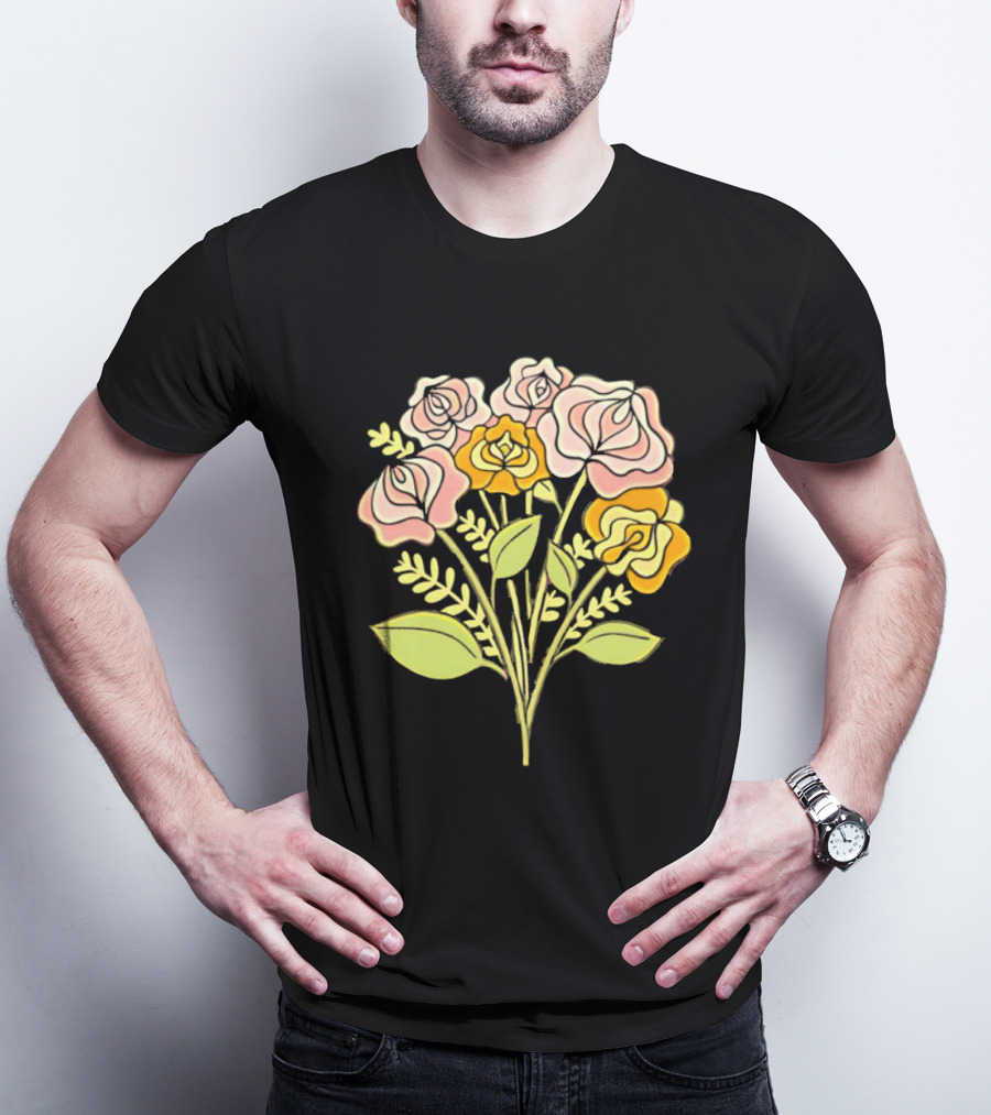 Pink Roses Yellow Roses Leaves Stems Bloom Blossom Petal Flower Plant T-Shirt