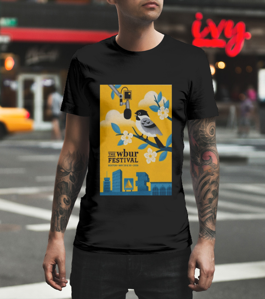 The Wbur Festival Boston 2026 Yellow Bird Microphone Urban Skyline T-Shirt