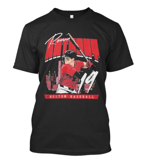 Roman Anthony 19 Boston Baseball Skyline Batting Scene T-Shirt