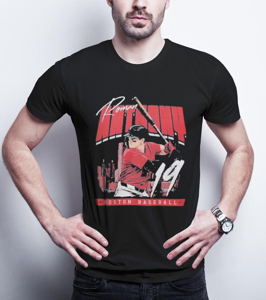 Roman Anthony 19 Boston Baseball Skyline Batting Scene T-Shirt