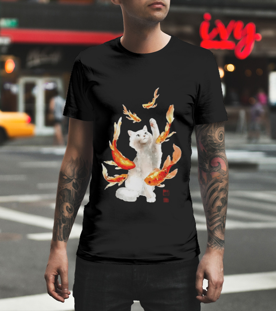 Playful White Cat Surrounded By Goldfish T-Shirt