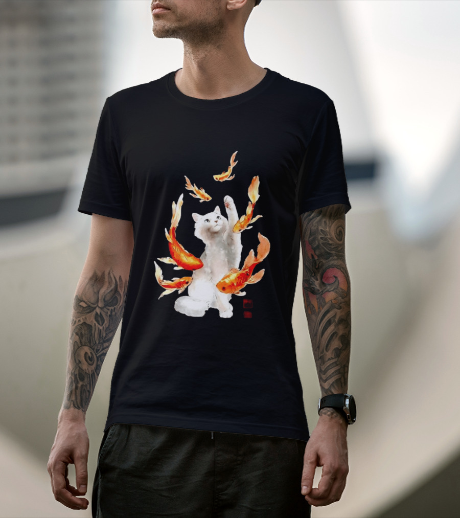 Playful White Cat Surrounded By Goldfish T-Shirt