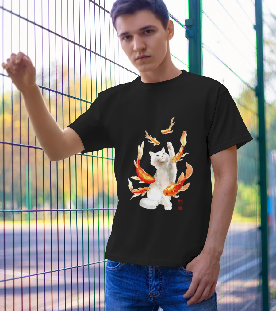 Playful White Cat Surrounded By Goldfish T-Shirt