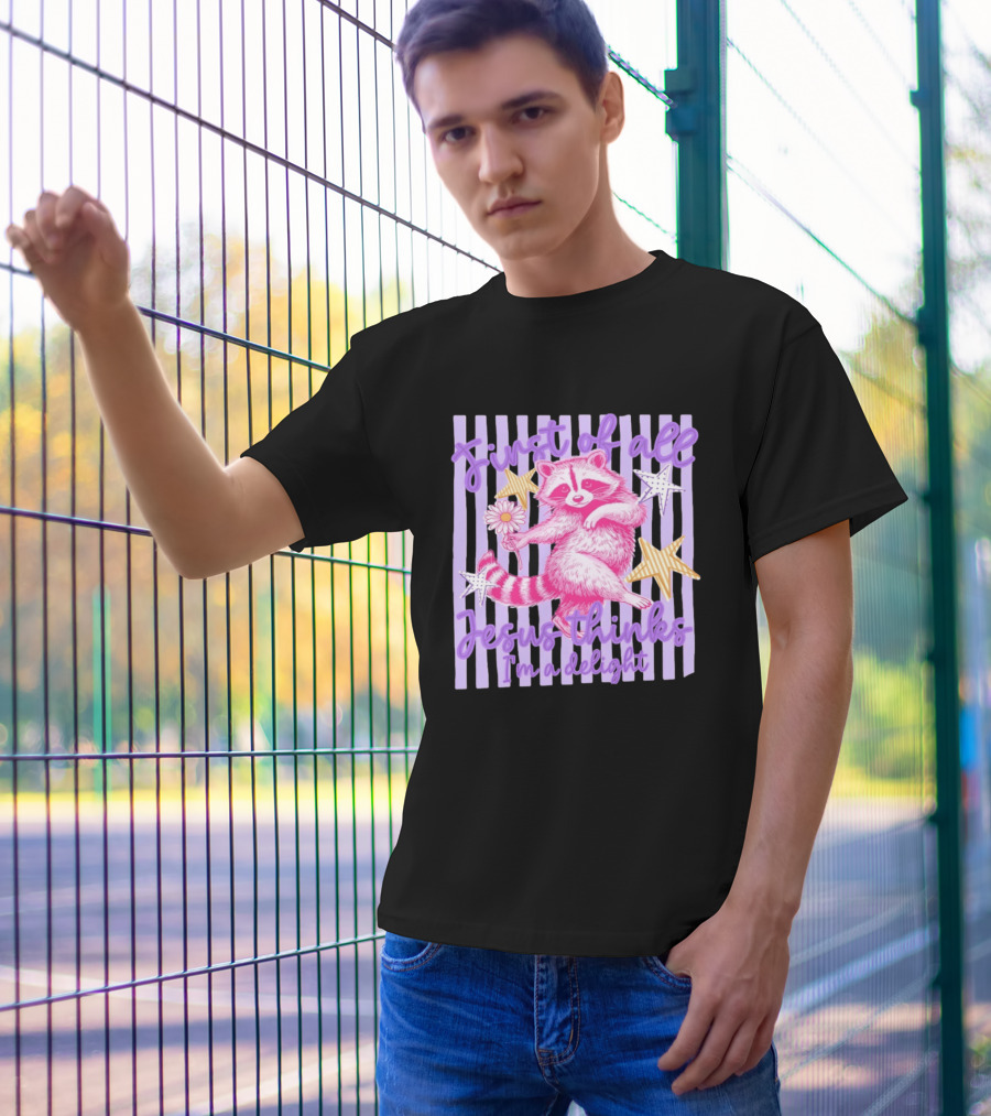 First Of All Jesus Thinks I'm A Delight Raccoon With Daisy And Stars T-Shirt