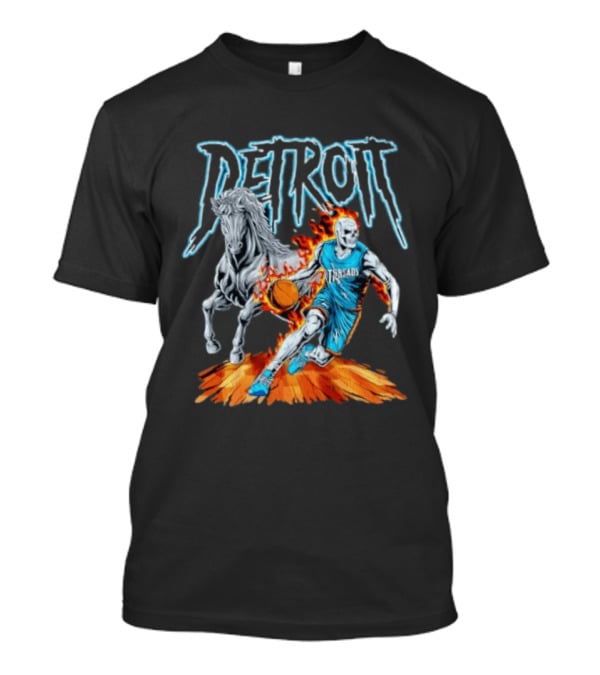 Detroit Skeleton Basketball Player With Fiery Basketball And Horse T-Shirt