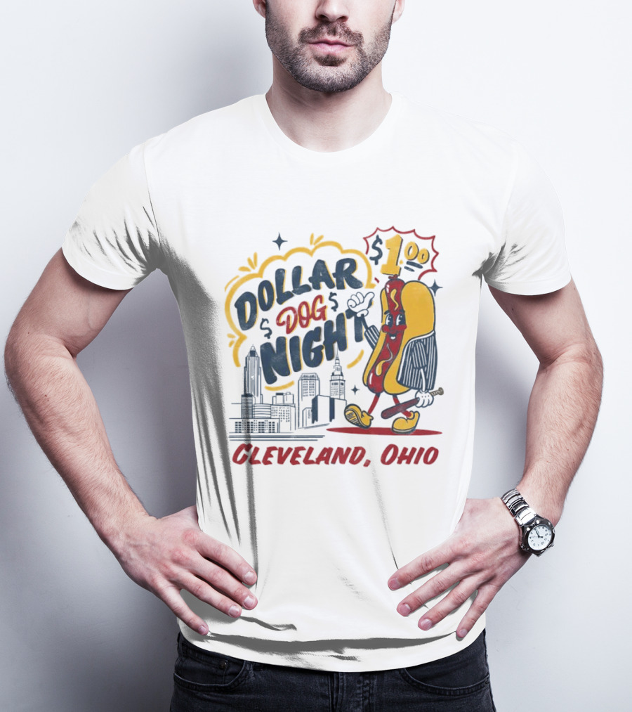 Cleveland Ohio Dollar Dog Night Baseball Skyline Hot Dog 1 Dollar T-Shirt