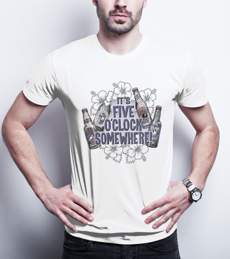 It's Five O' Somewhere Beer Bottles And Tropical Flowers T-Shirt
