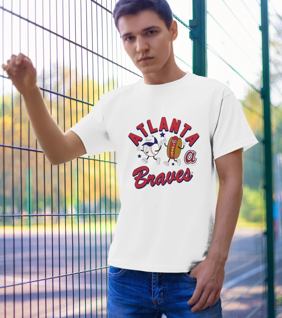 Atlanta Braves Baseball Character With Hot Dog Snack And Team Spirit T-Shirt