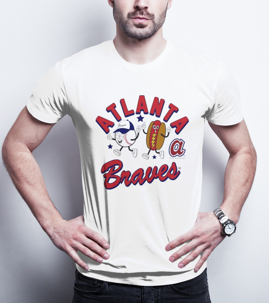 Atlanta Braves Baseball Character With Hot Dog Snack And Team Spirit T-Shirt