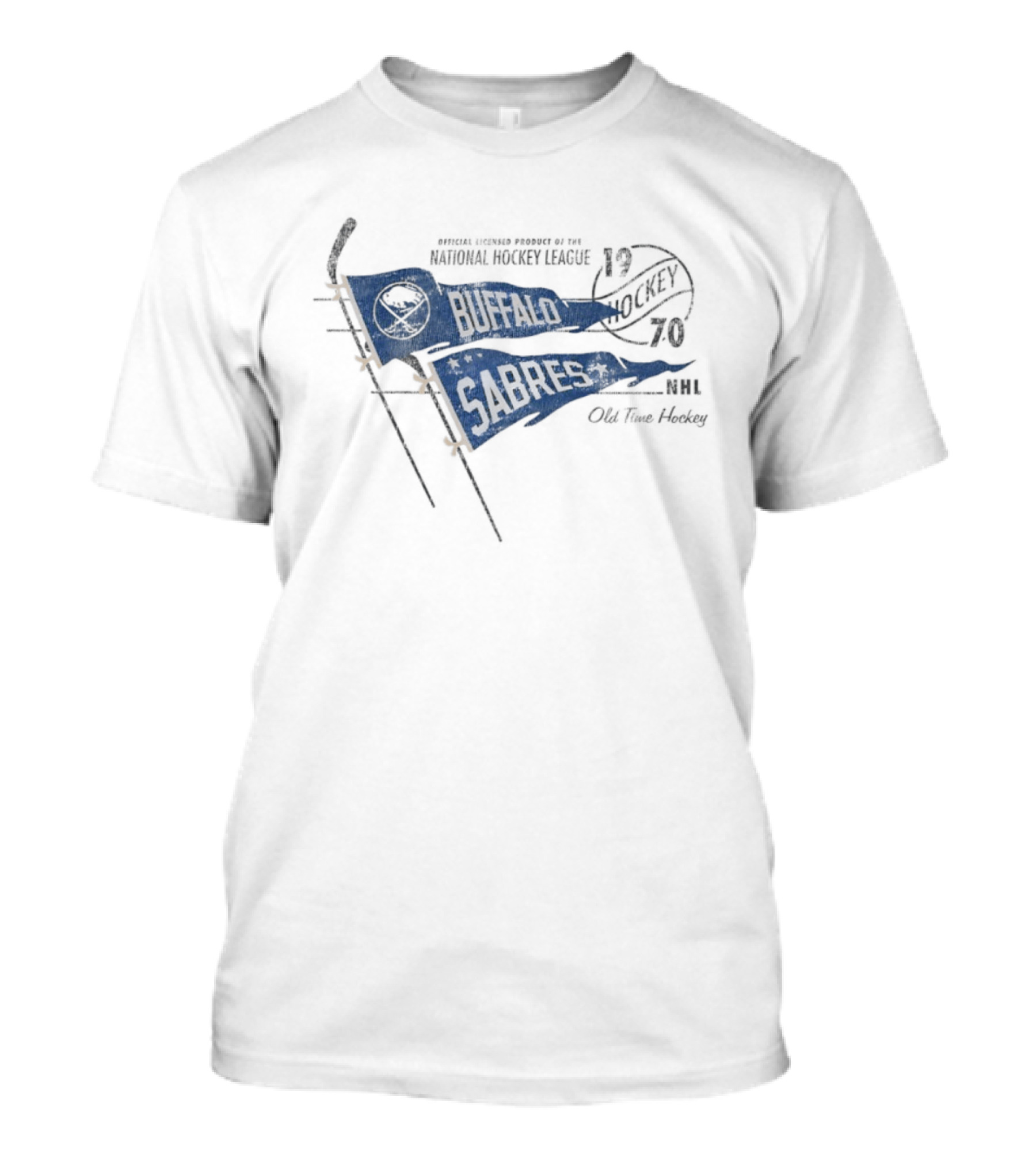 Buffalo Sabres 1970 Old Time Hockey Crossed Hockey Sticks Pennants Navy Blue T-Shirt